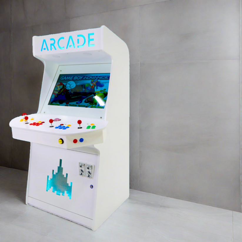 Full-size upright arcade game with white gloss finish