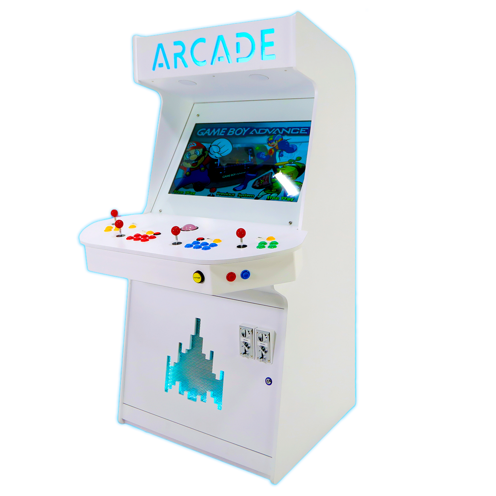 Full-size upright arcade game with white gloss finish